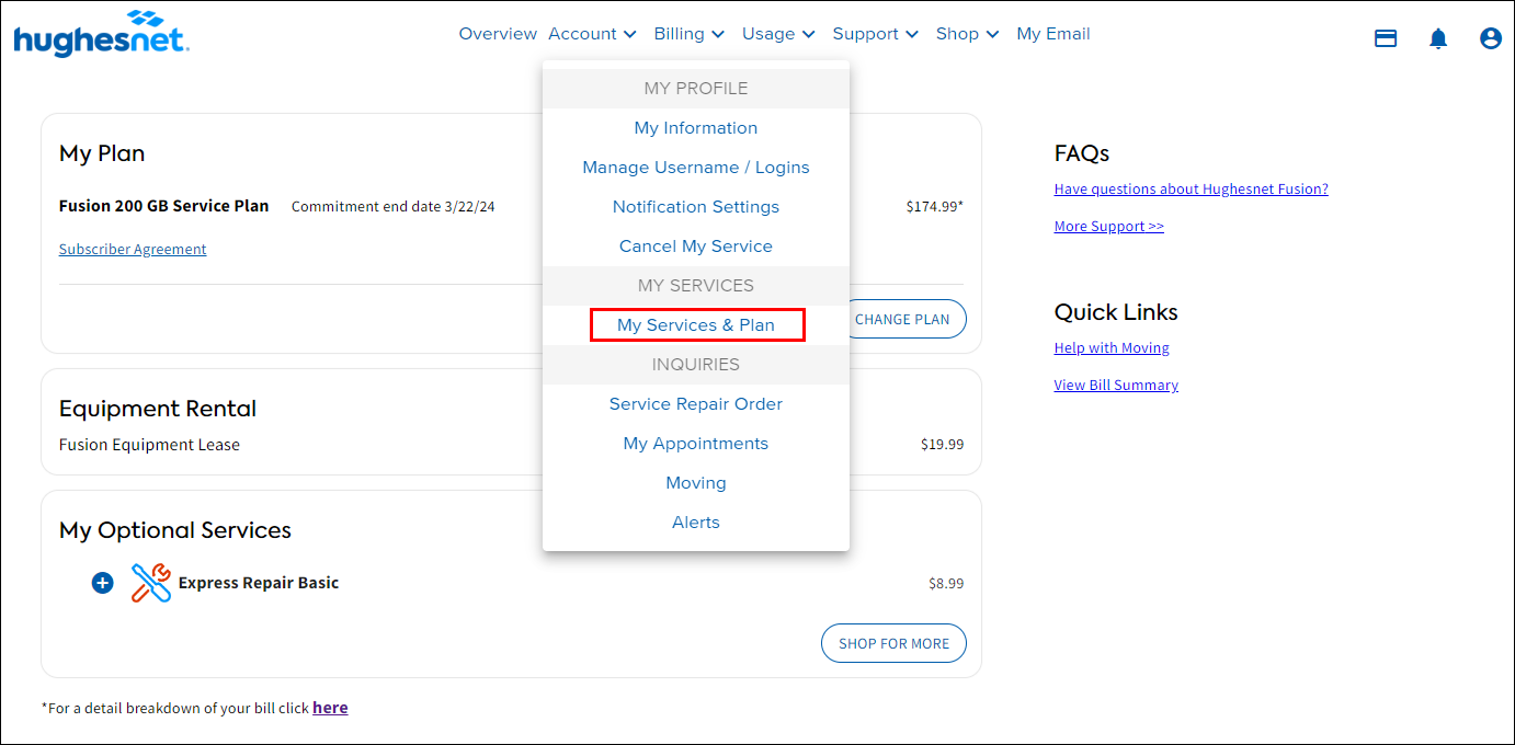 What Hughesnet services do I have?